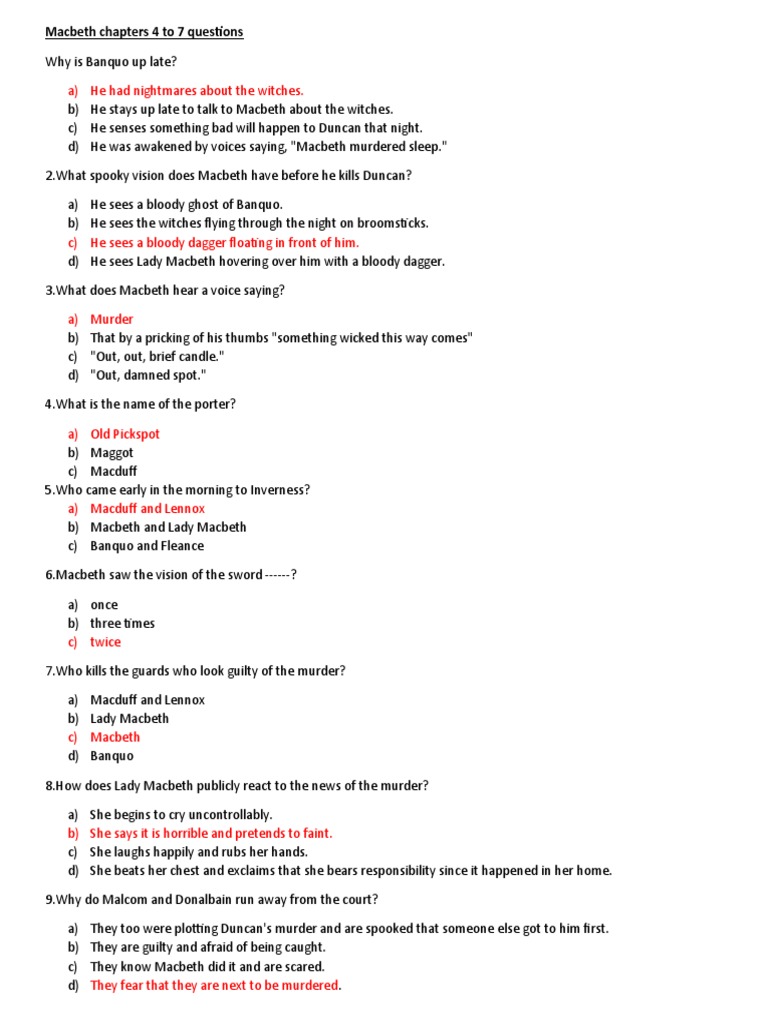 Macbeth Chapters 4 To 7 Questions | PDF | Macbeth | Shakespearean Tragedies