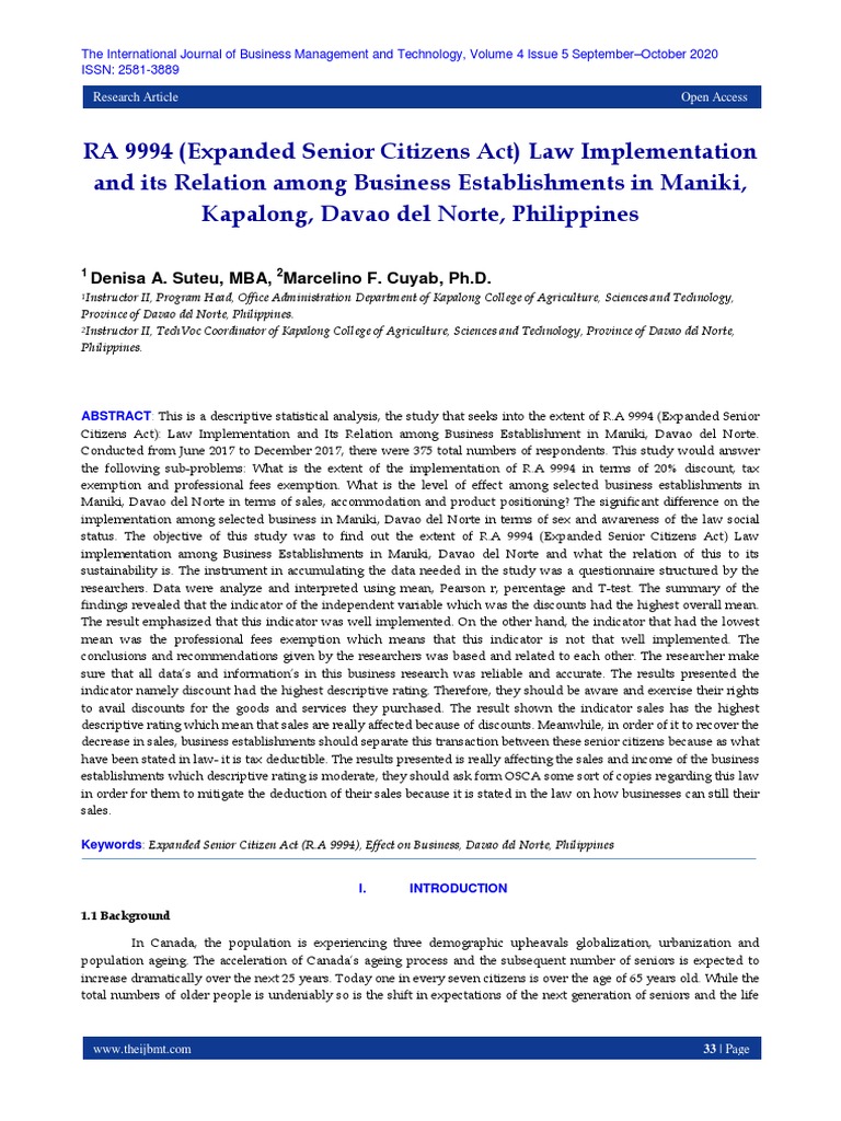 RA 9994 (Expanded Senior Citizens Act) Law Implementation and Its ...