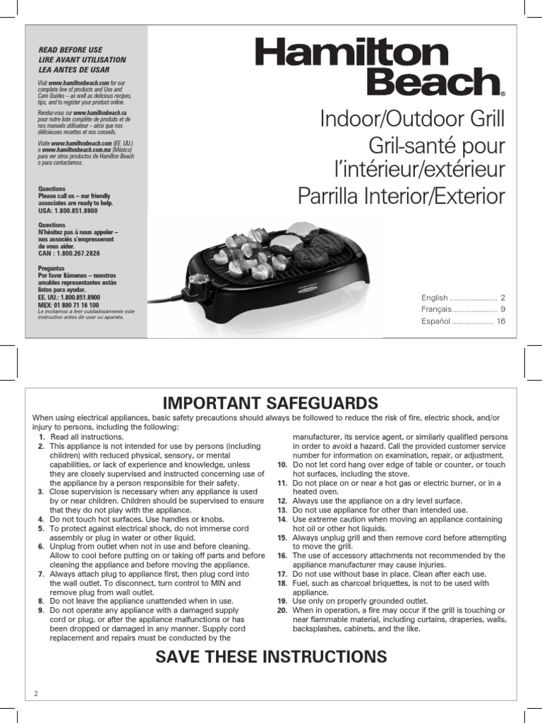 Hamilton Beach Indoor Grill | PDF | Ac Power Plugs And Sockets | Grilling