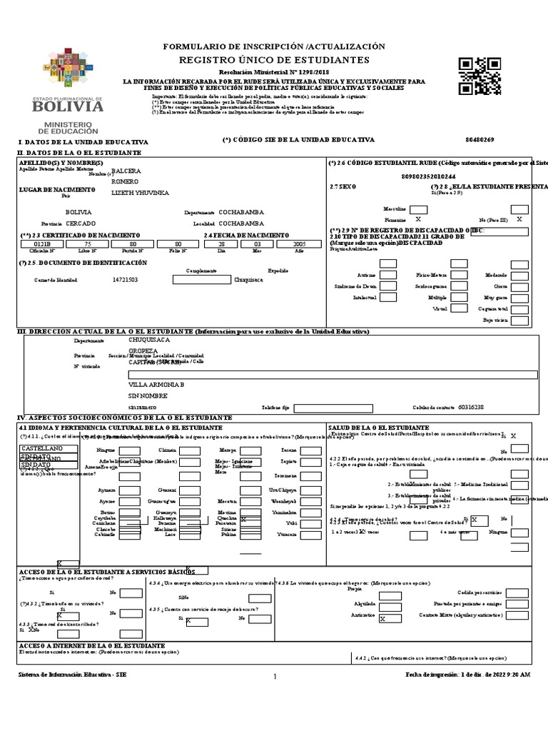 Formulario de inscripción RUDE estudiante | PDF
