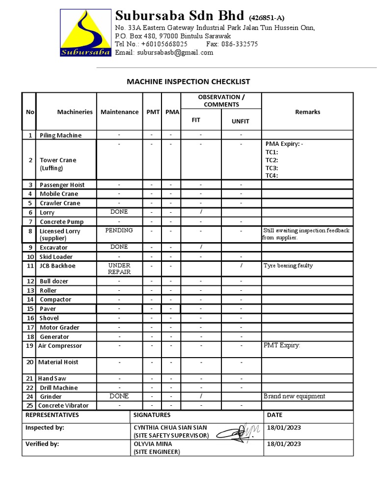 Machinery Inspection Checklist | PDF | Machines | Construction Equipment