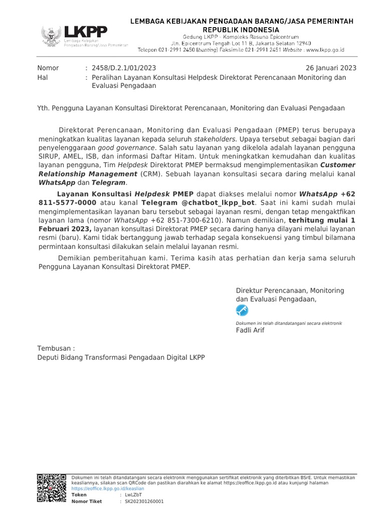 Surat Pemberitahuan Layanan Helpdesk PMEP | PDF