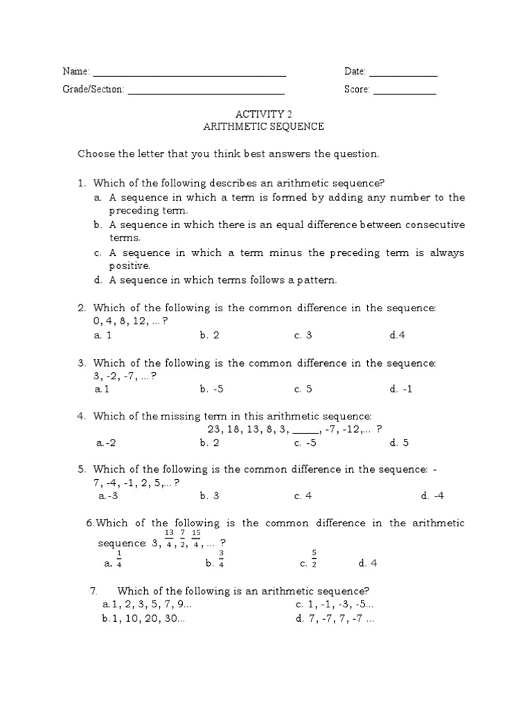 Arithmetic Sequence Quiz Questions | PDF | Arithmetic | Mathematical ...