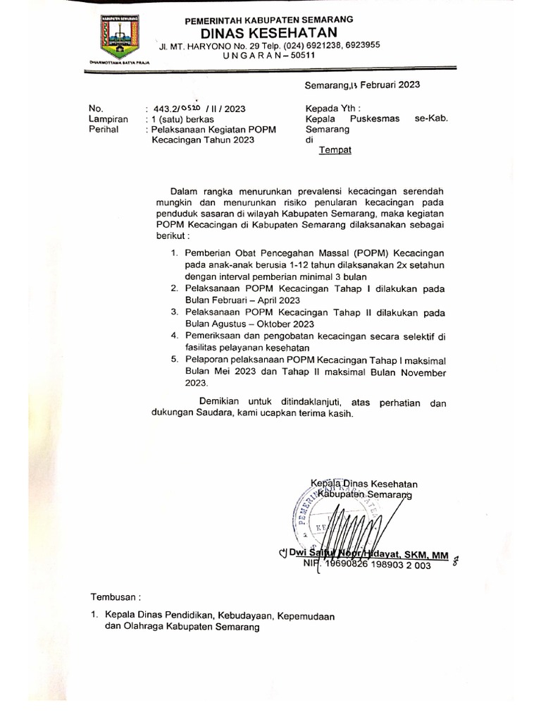 Edaran Pelaksanaan Kegiatan POPM Kecacingan 2023 | PDF