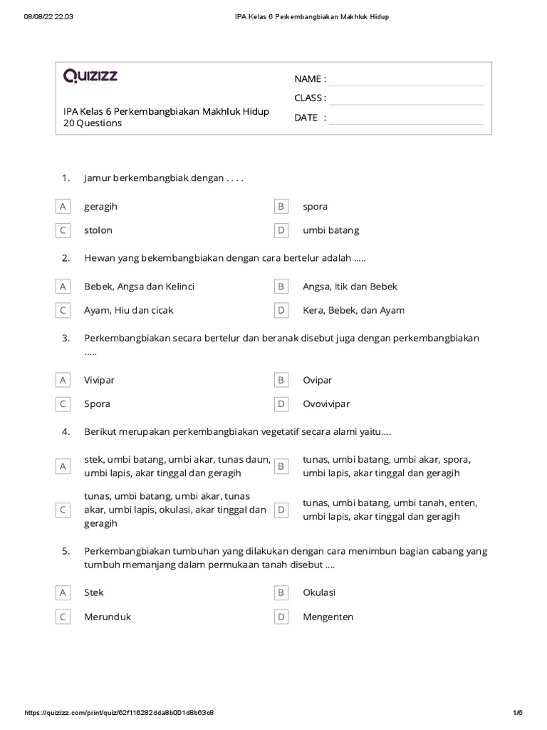Kuis IPA Kelas 6: Perkembangbiakan | PDF
