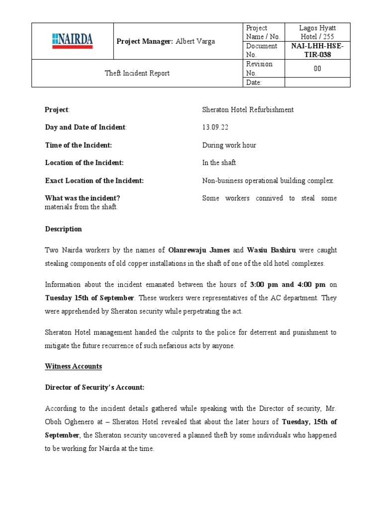 Theft Report at Sheraton Hotel Project | PDF | Crimes | Crime & Violence