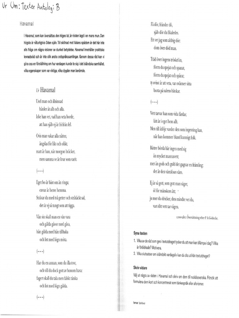 Ur Havamal Och Valans Spådom Ur Om Texter Antologi B | PDF