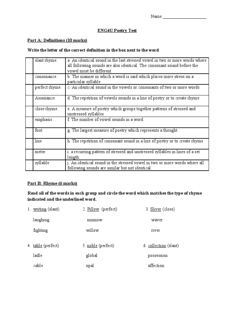 ENG4U Poetry Test: Rhyme and Meter | PDF | Stress (Linguistics) | Rhyme