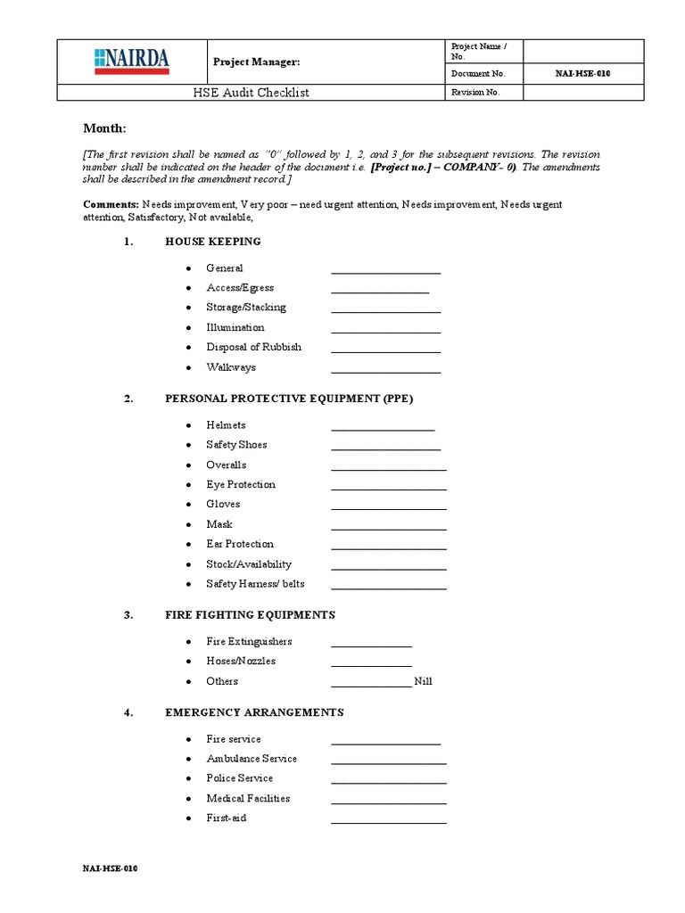 (NAI-HSE-010) HSE Audit Checklist | PDF | Safety | Occupational Safety ...