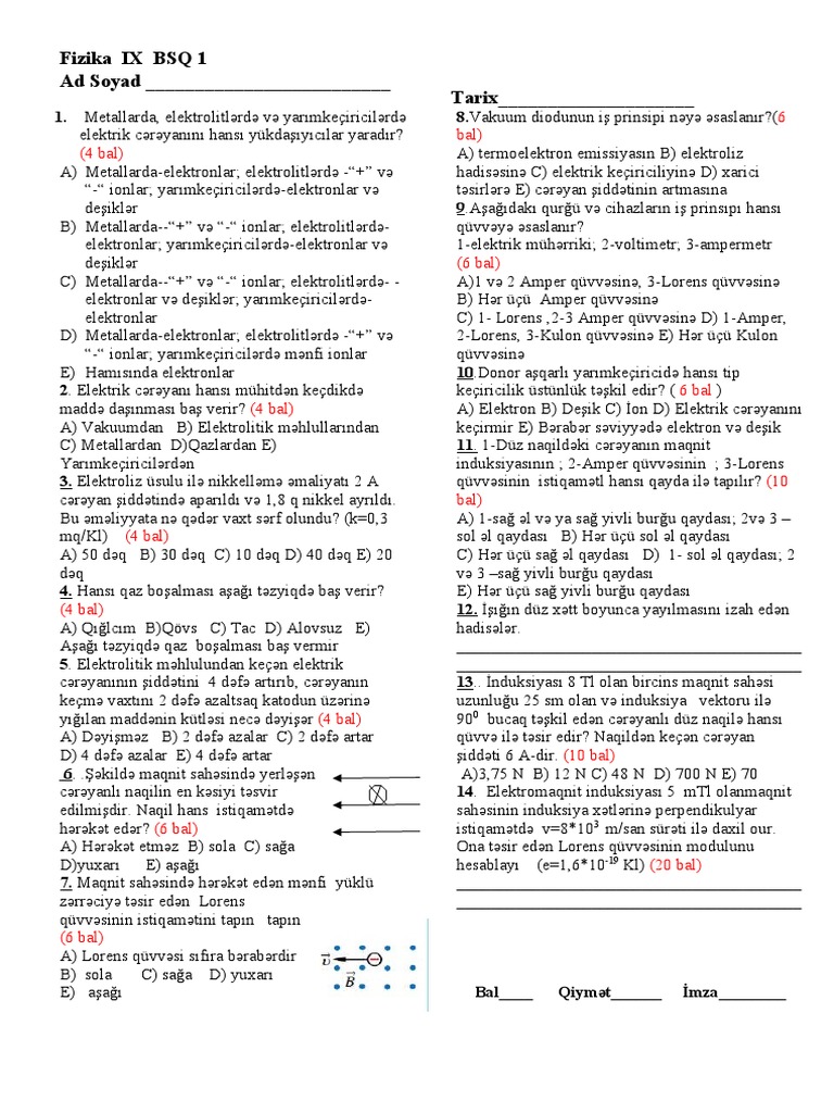 Fizika 9 BSQ 1 Variant A B Seyran Aliyev | PDF