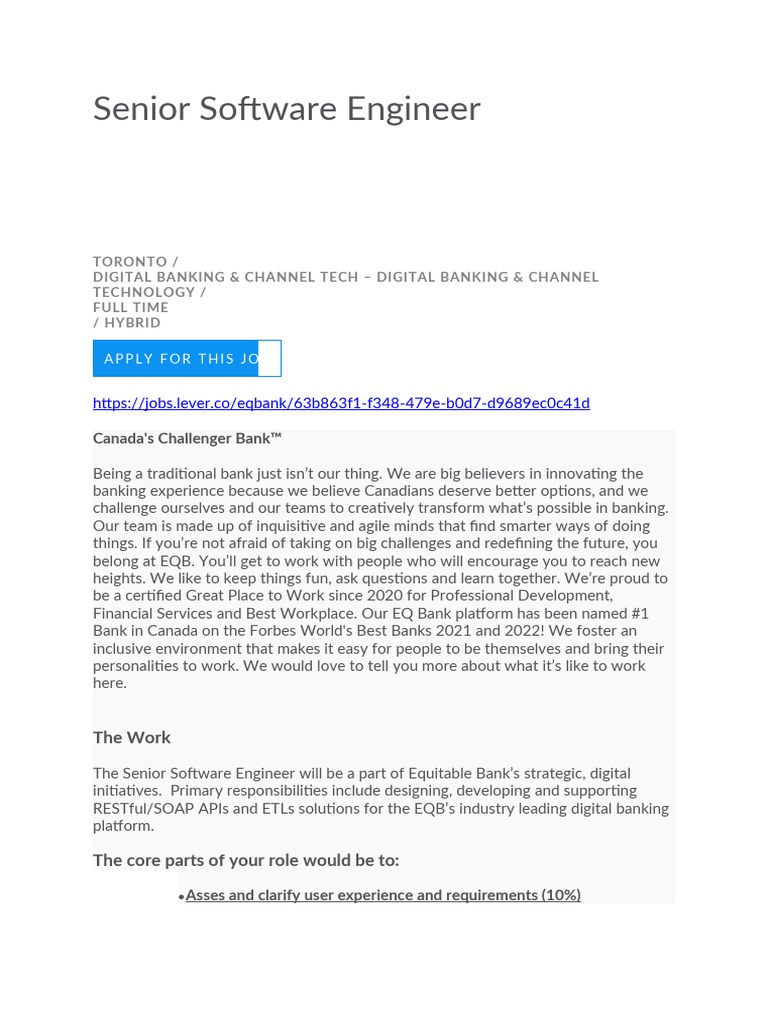 Senior Software Engineer: Canada's Challenger Bank™ | Download Free PDF ...