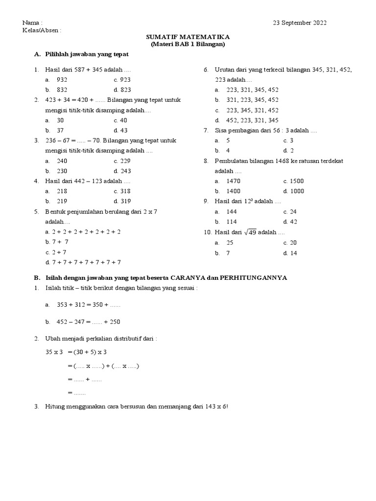 Sumatif MTK Bab 1 Kls 4 | PDF