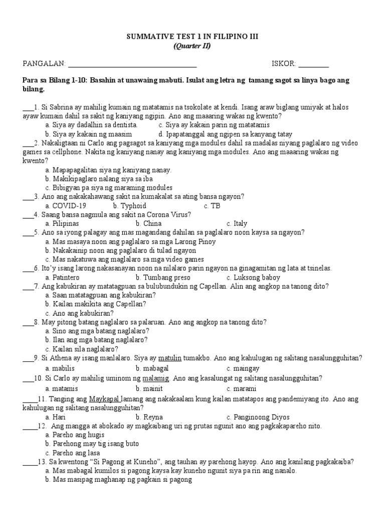 2nd Grading Summative Test in Filipino | PDF