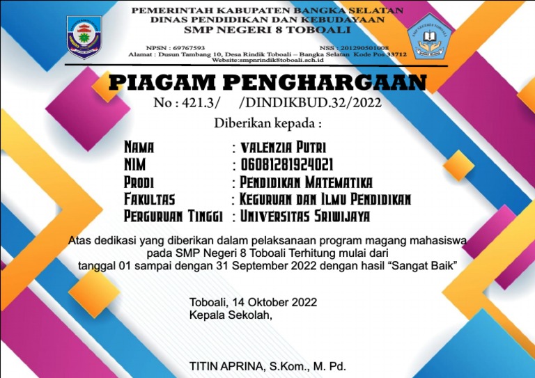 SMP Negeri 8 Toboali Berikan Piagam Penghargaan kepada Mahasiswa | PDF