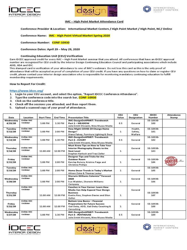 IMC - High Point Virtual Market Spring 2020 CEU Attendance Card - HPS20 ...