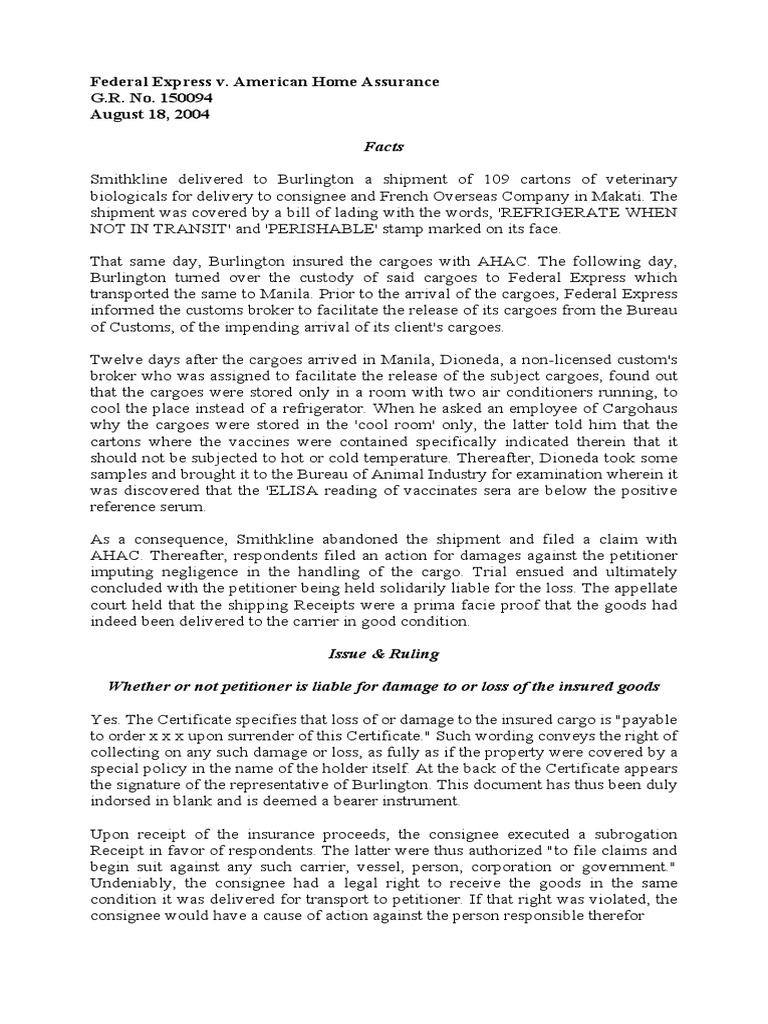Federal Express v. American Home Assurance | PDF | Cargo | Business Law