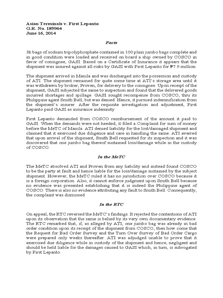 Asian Terminals v. First Lepanto | PDF | Subrogation | Insurance