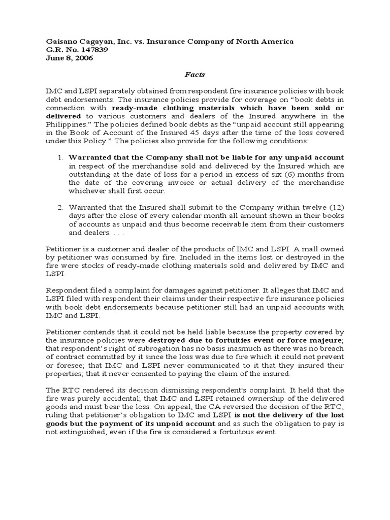 Gaisano Cagayan, Inc. vs. Insurance Company of North America | PDF ...