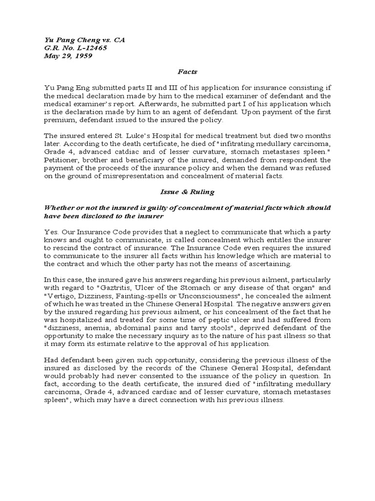 Yu Pang Cheng vs. CA | PDF | Insurance | Clinical Medicine