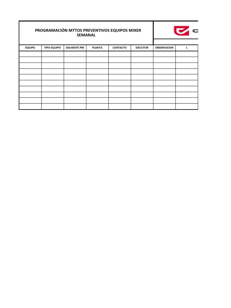 Formato Programacion Semanal Mantenimiento | PDF