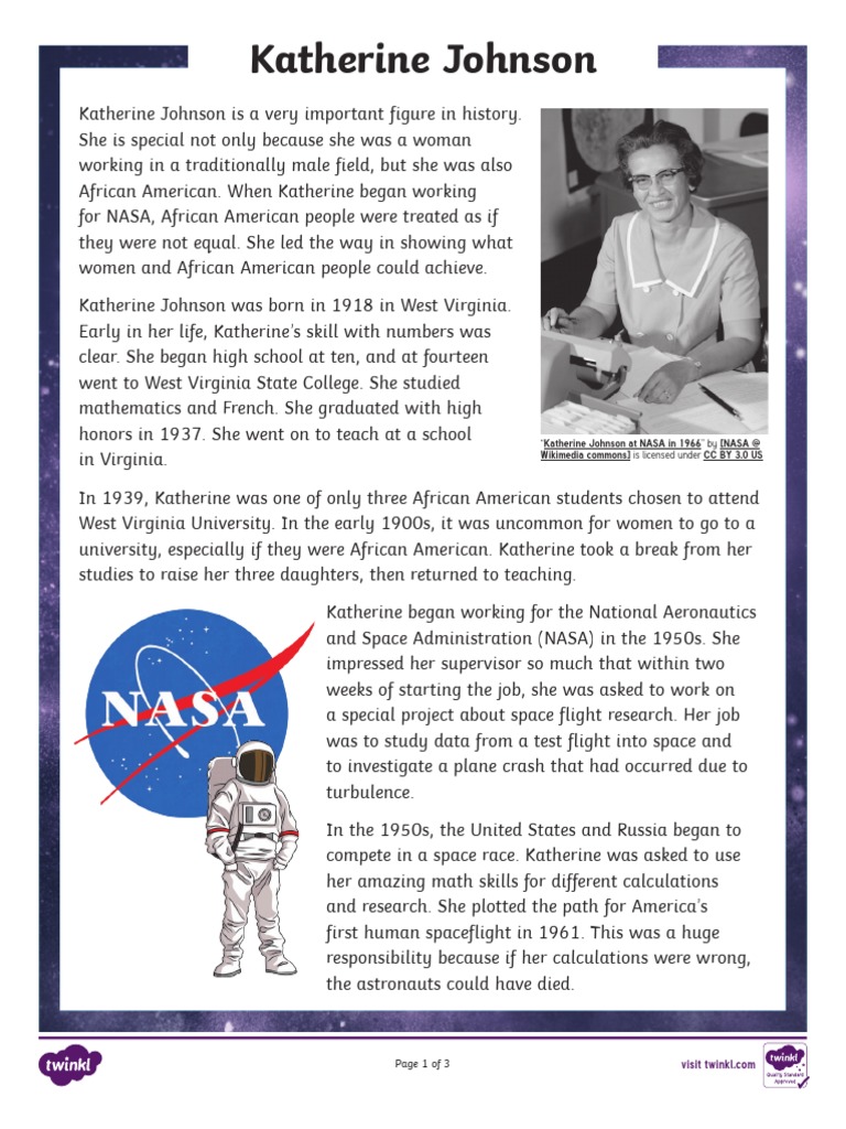 Fifth Grade Katherine Johnson Reading Comprehension Activity | PDF | Katherine Johnson | Science
