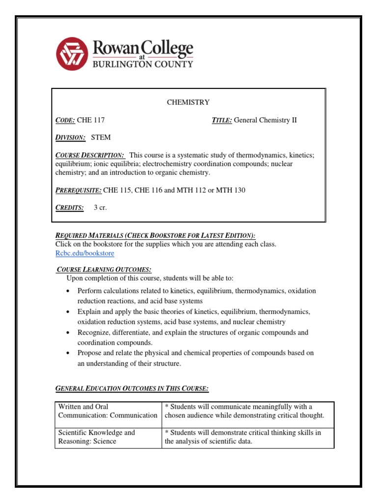 CHE 117 Course Outline - October 2017 | PDF | Chemistry | Chemical ...