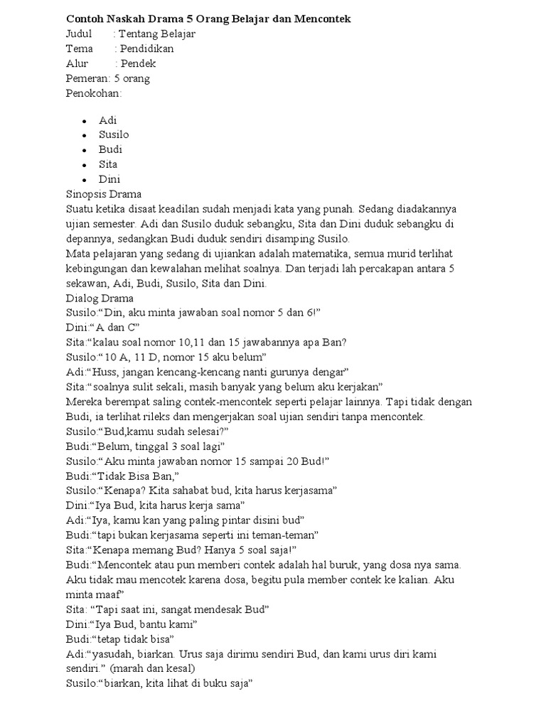 Contoh Naskah Drama 5 Orang Belajar Dan Mencontek | PDF