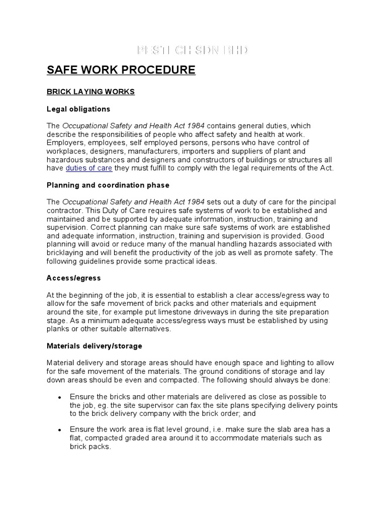 SWP Brick Laying | PDF | Occupational Safety And Health | Working ...