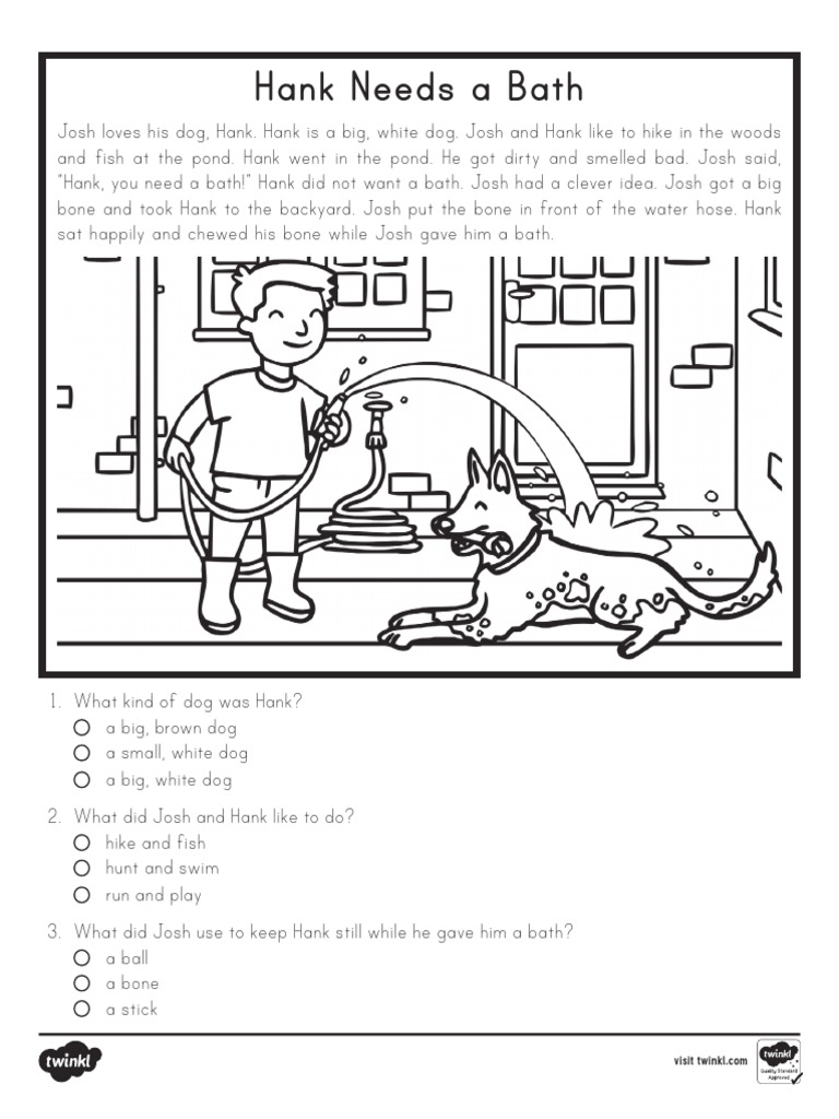 First Grade Hank Needs A Bath Reading Passage Comprehension Activity ...