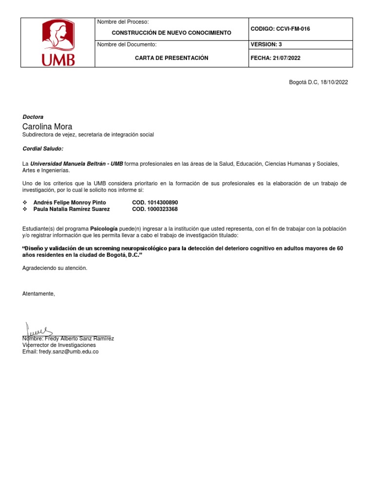 Ccvi-Fm-016 Formato Carta de Presentación | PDF