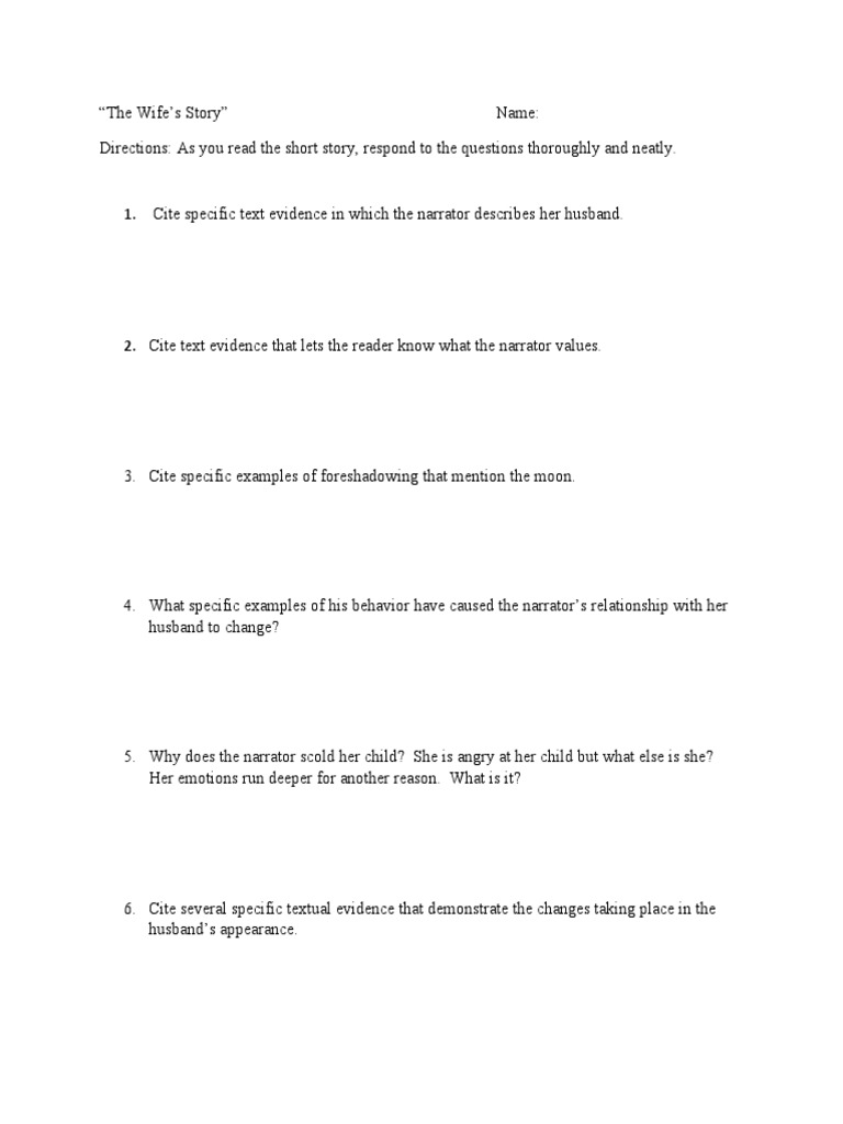 The Wife's Story PFR Questions | PDF | Language Arts & Discipline ...