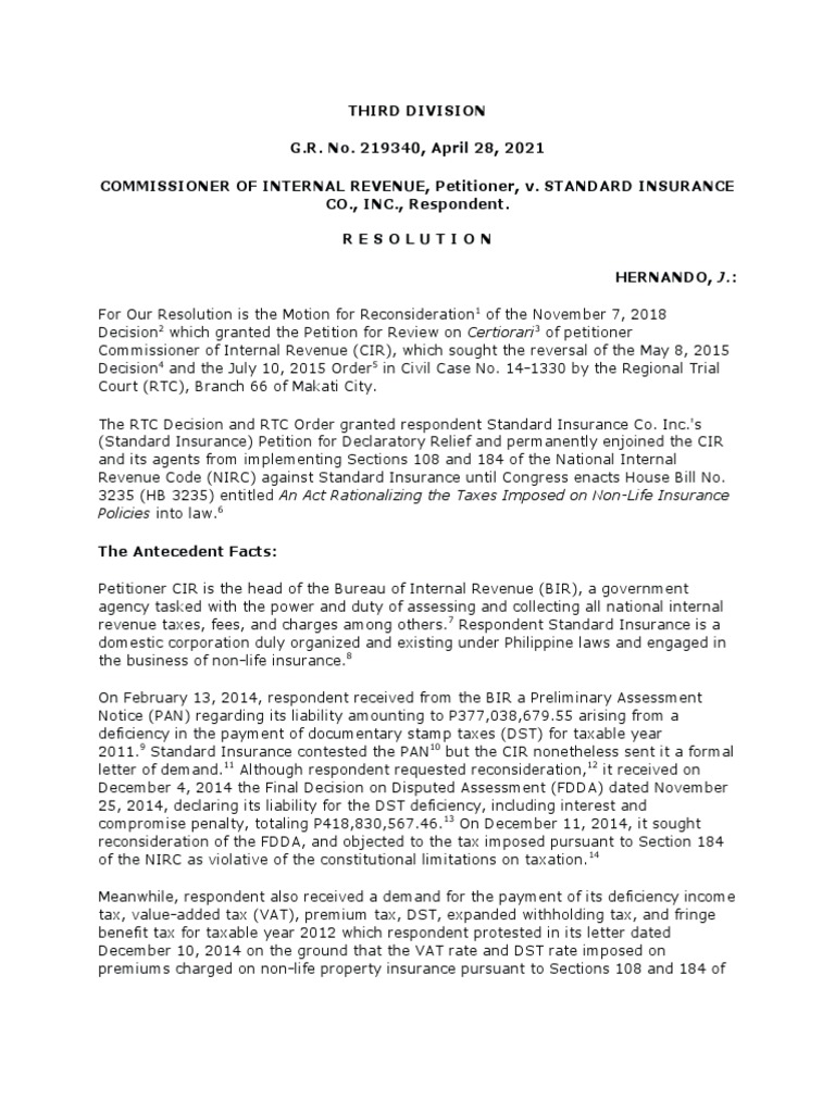 CIR vs. Standard Insurance Tax Case | PDF | Injunction | Certiorari