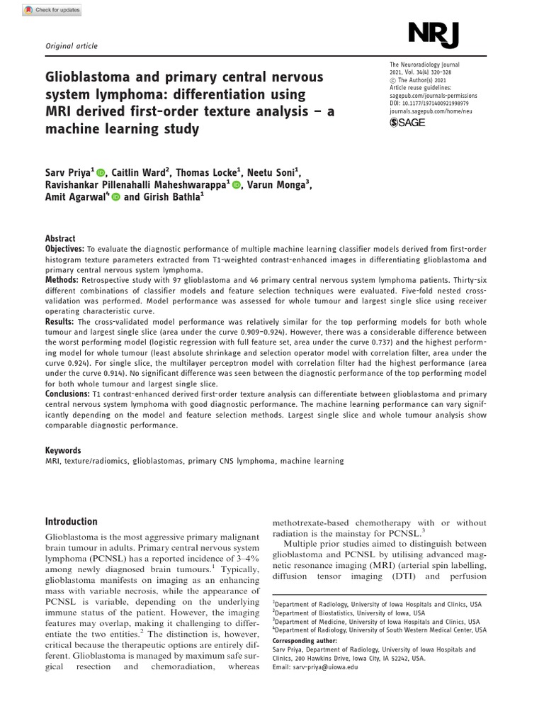 Glioblastoma and Primary Central Nervous System Lymphoma: Differentiation Using MRI Derived ...