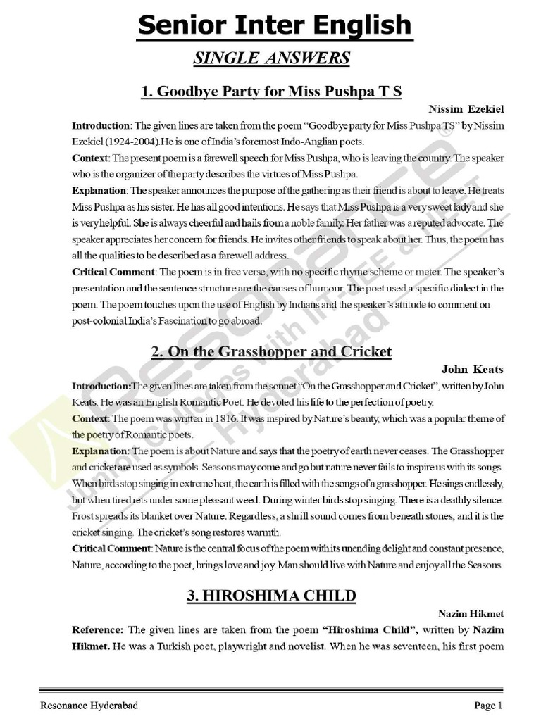 Senior English (Single Answers) | PDF