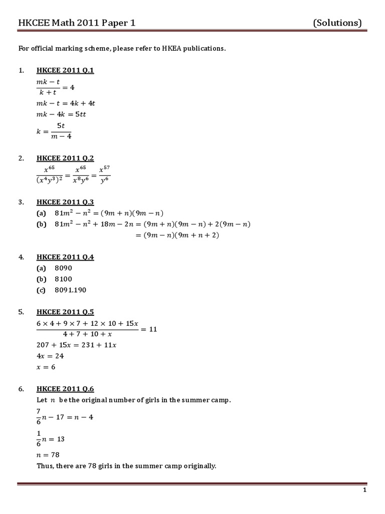 22 Hkcee Math 2011 Paper 1 Solution Only 1 | PDF | Mathematical Concepts | Mathematical Objects