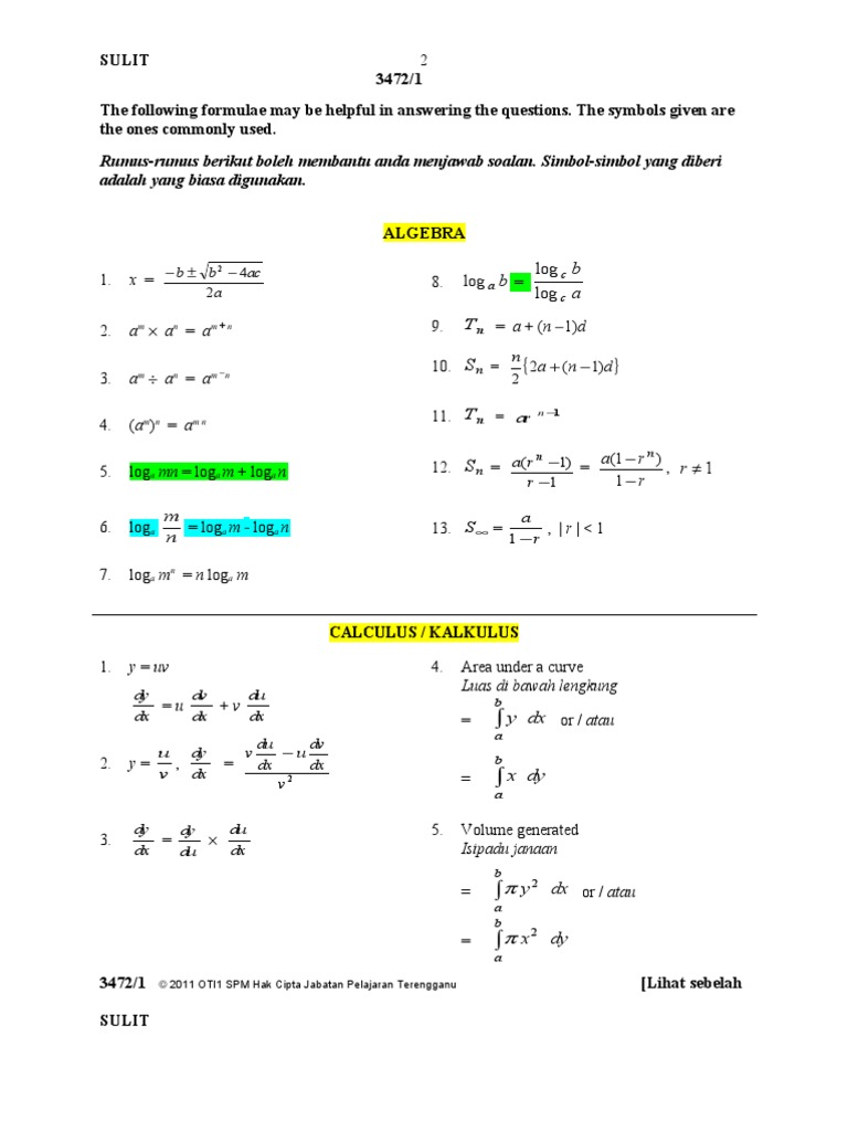 AddMath-New Formulae Sheet SPM | PDF