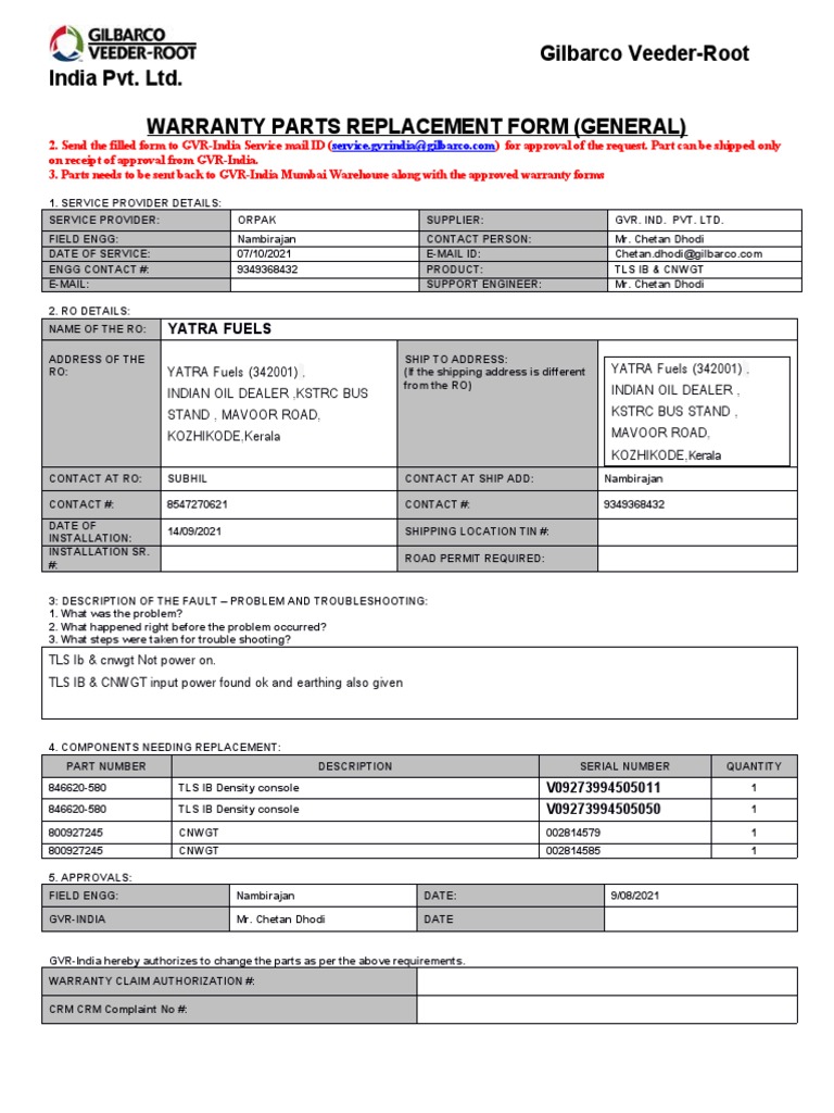 Warranty Claim Form - TLS IB &CNWGT-yatra Fuels-KDO | PDF