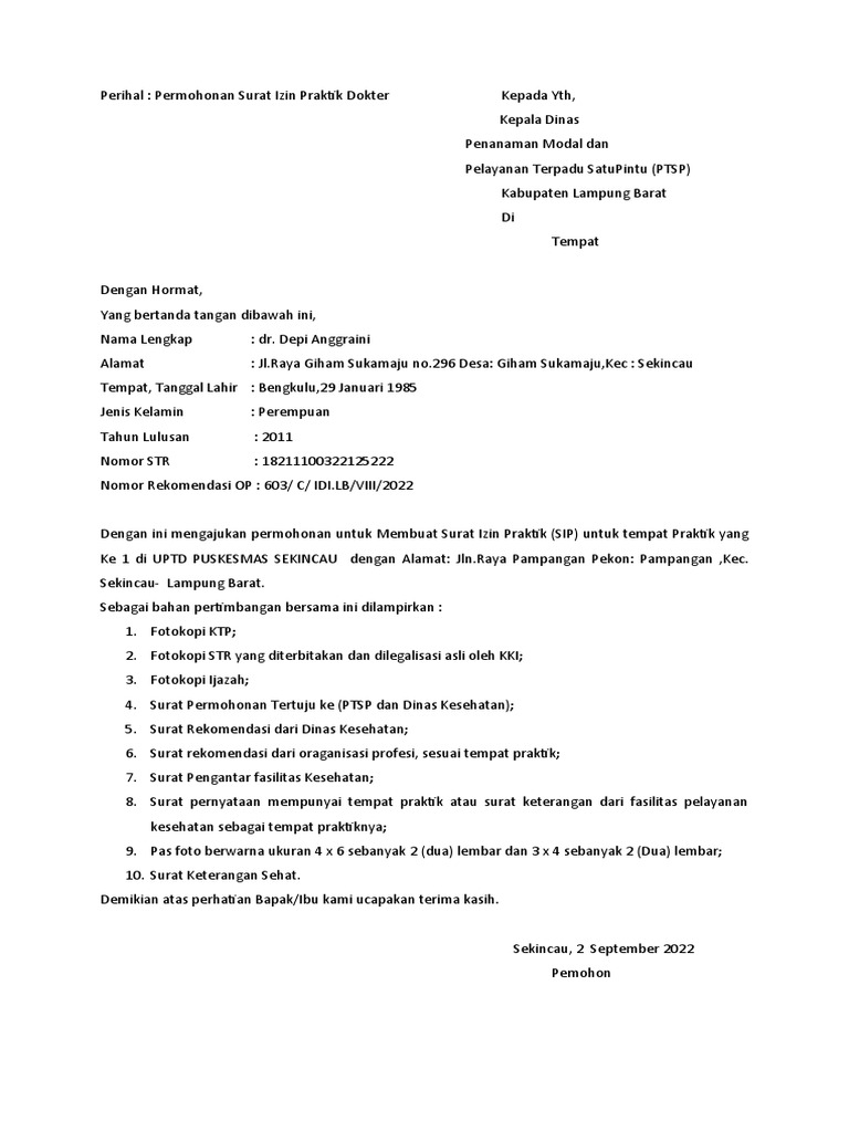 Surat Permohonan PTSP Puskes DR - Depi | PDF