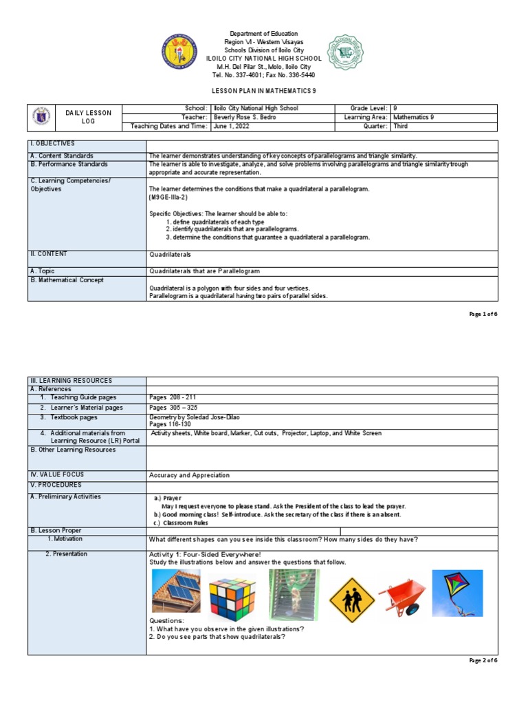 Lesson Plan on Parallelograms and Triangle Similarity in Grade 9 ...