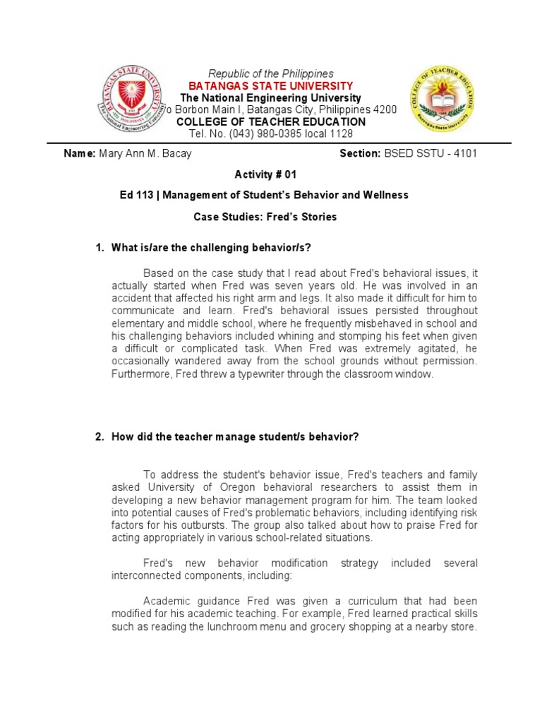 Managing Challenging Student Behavior: A Case Study of Fred and the ...