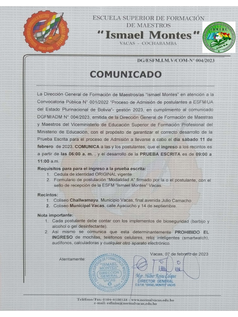ESFM Ismael Montes - Comunidado A Postulantes Admisión 2023 | PDF