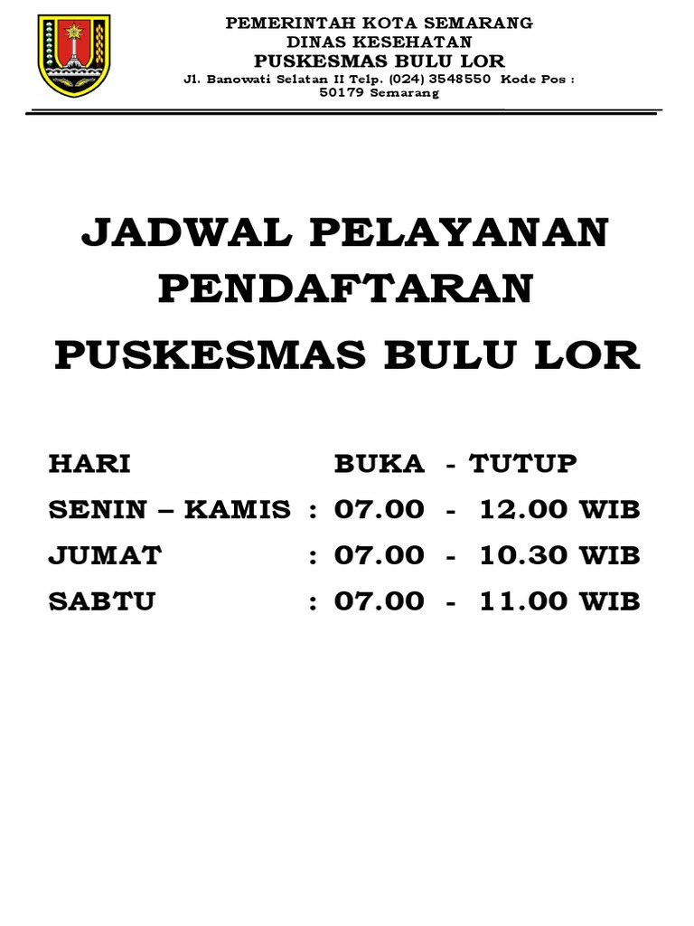 Jadwal Pelayanan Puskesmas Bulu Lor | PDF