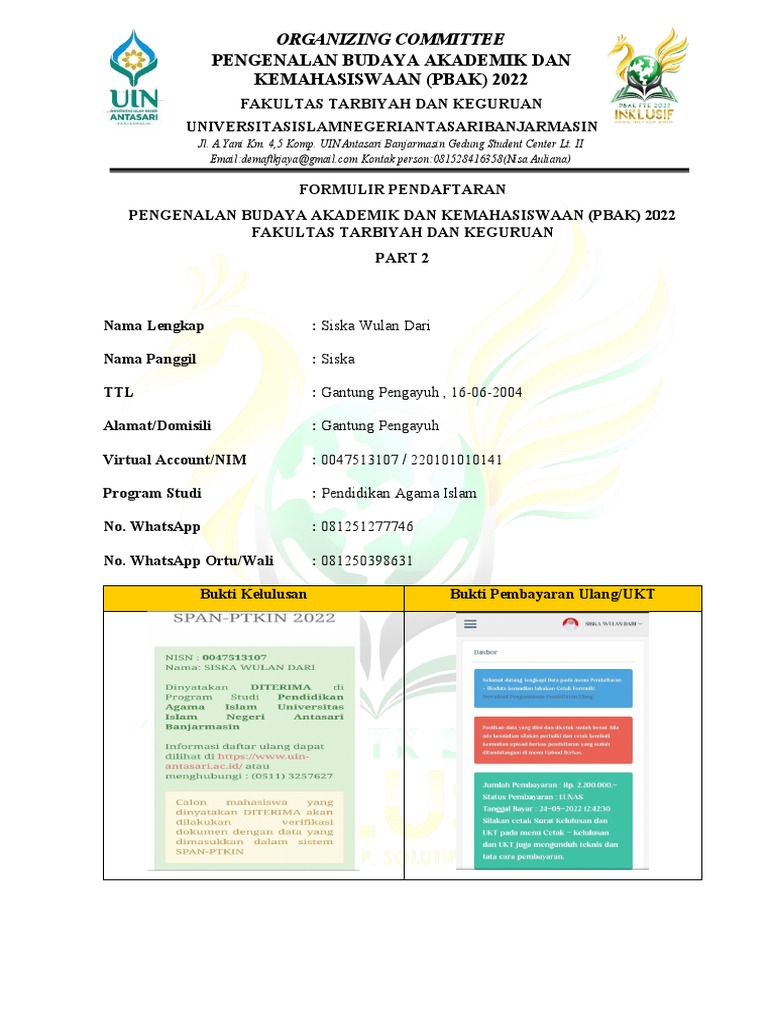 Formulir Pendaftaran Pbak Part 2 | PDF