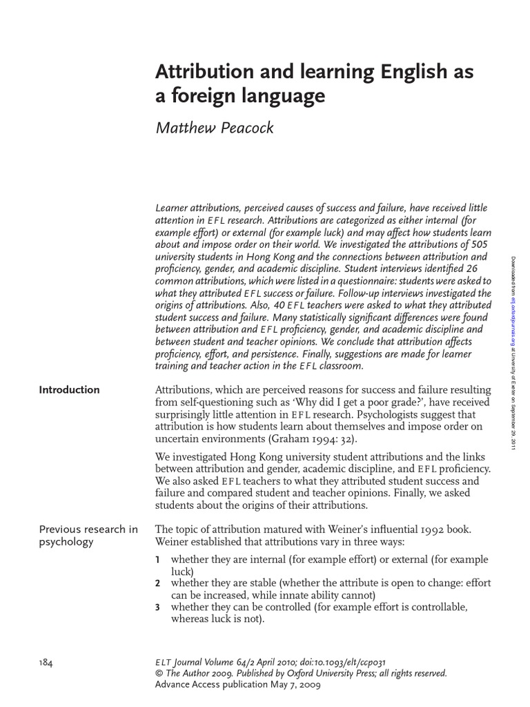 Peacock, M. (2009) - Attribution and Learning English As A Foreign ...