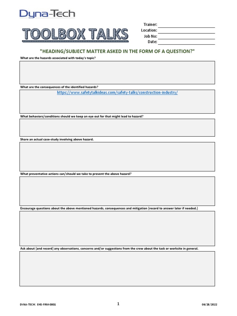 EHS-FRM-0006 - Toolbox Talks Form | PDF | Occupational Safety And Health