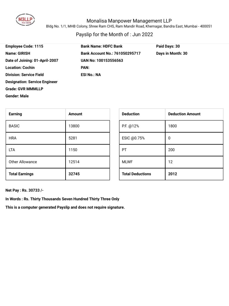Employee Pay Slip Girish | PDF