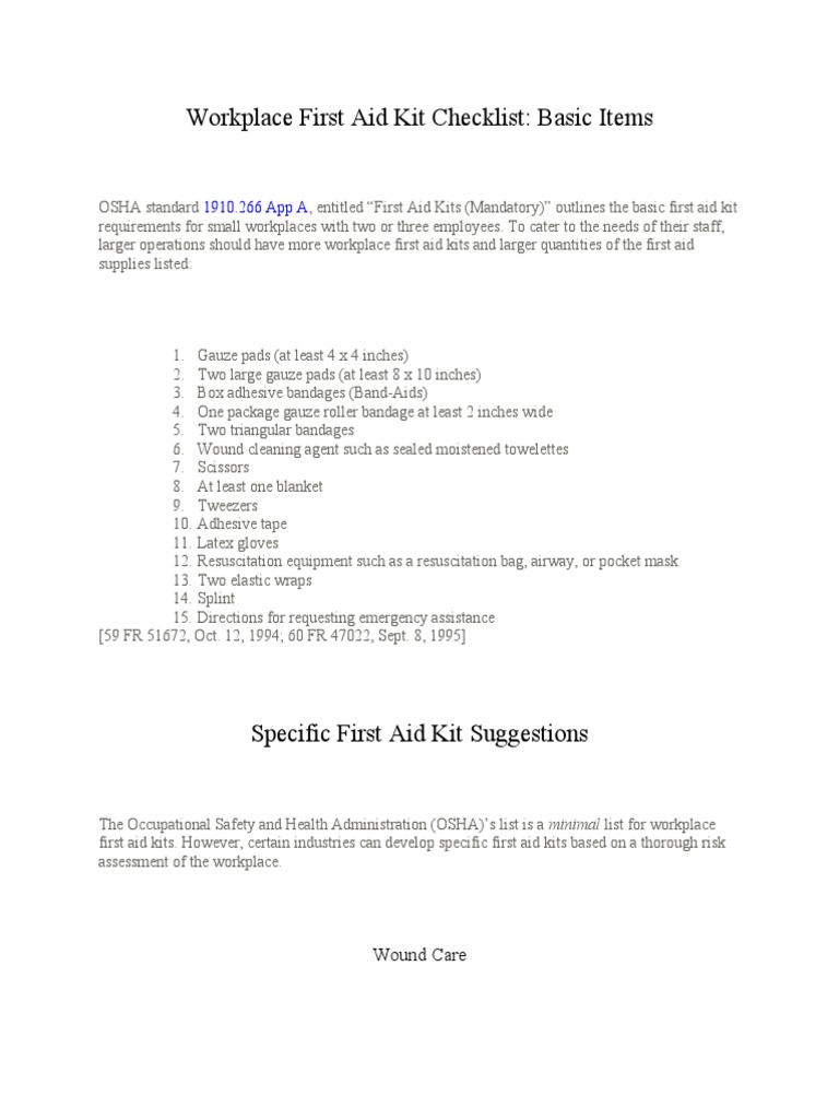 Workplace First Aid Kit Checklist: Basic Items | PDF | First Aid | Burn
