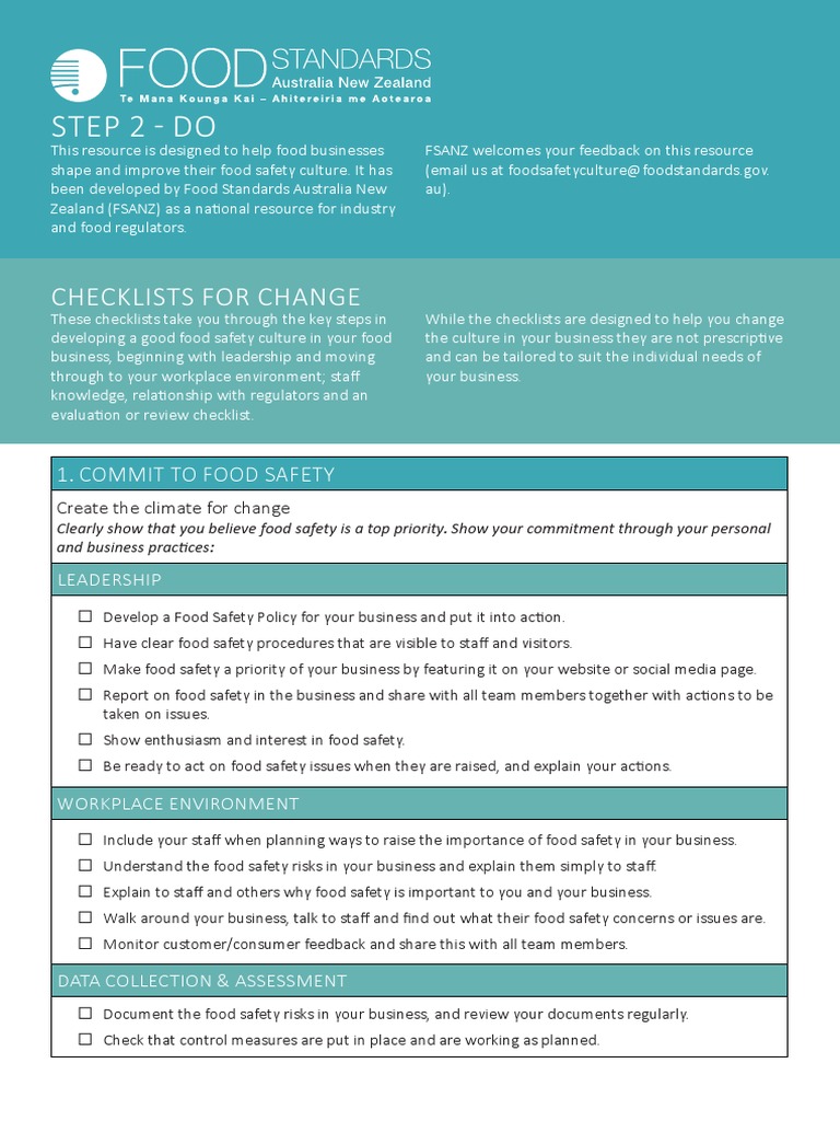 Step 2 Do. Food Safety Culture Checklists | PDF