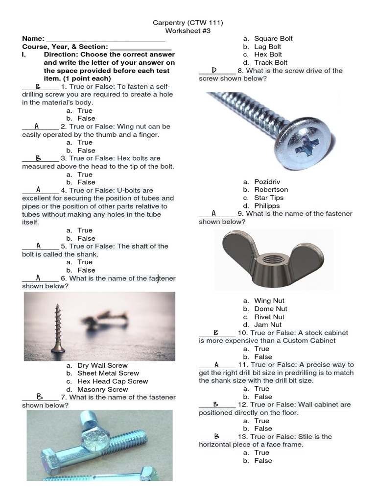 Worksheet No.3 (Carpentry) | PDF | Screw | Cabinetry