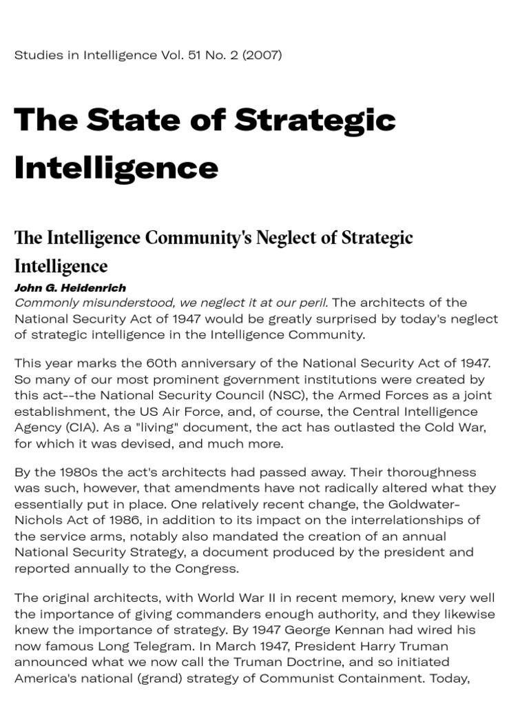 The State of Strategic Intelligence | PDF | Intelligence Analysis | Military Intelligence